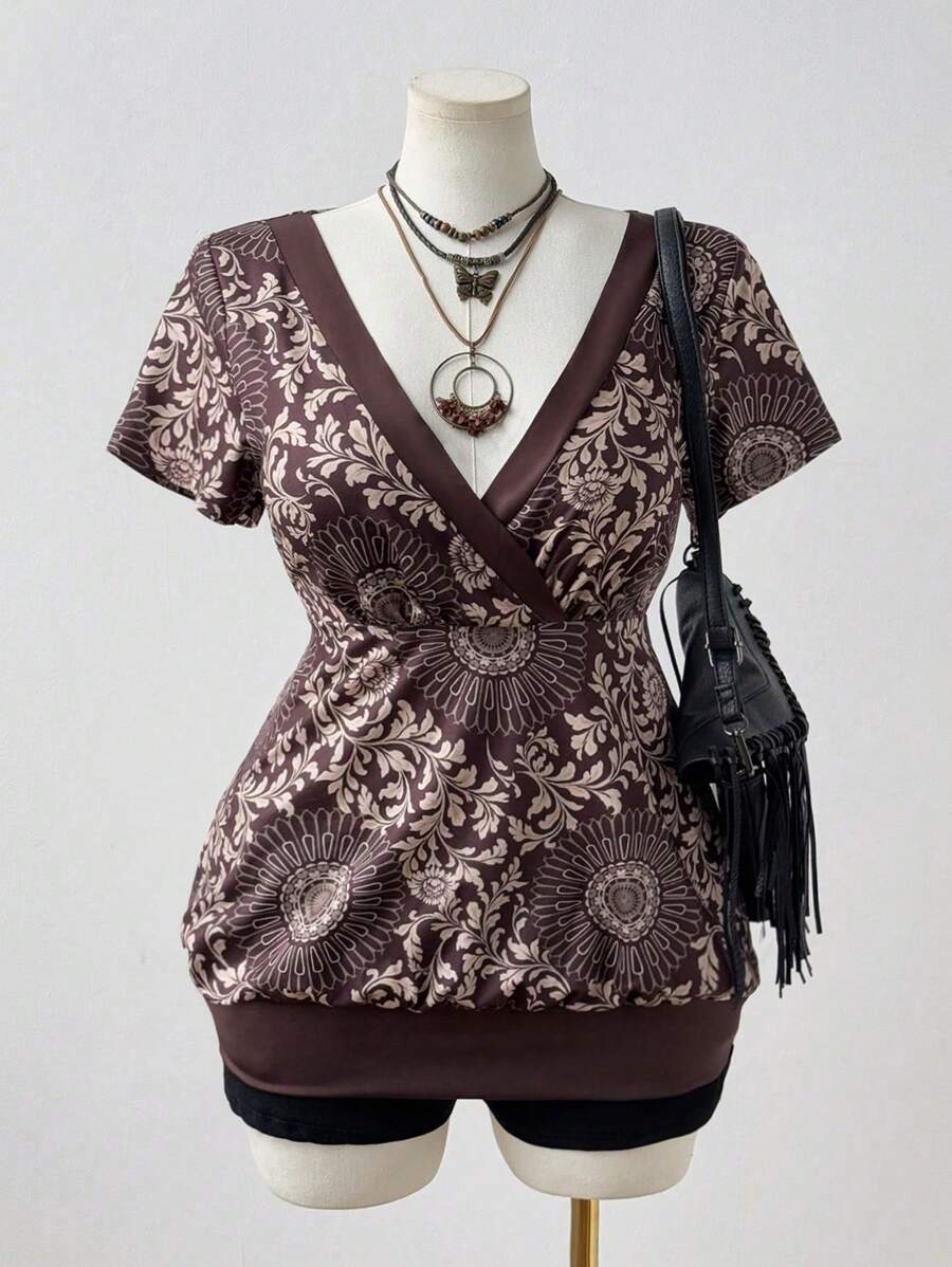 Sunspun Women Plus Size Short Sleeve Contrast Color Totem Print Retro ...