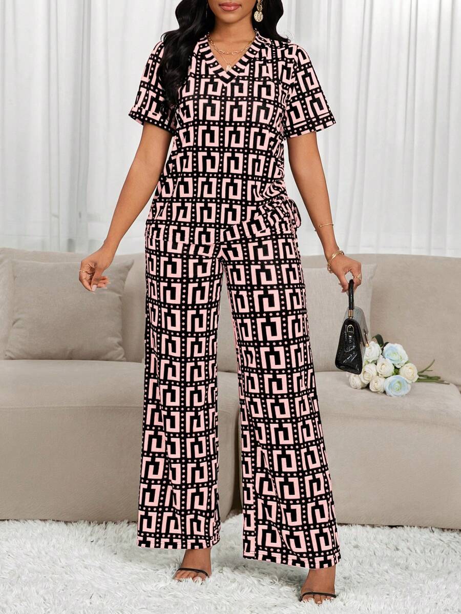 SHEIN Lady 2pcs/Set Women Geometric Print Short Sleeve Top And Pants ...