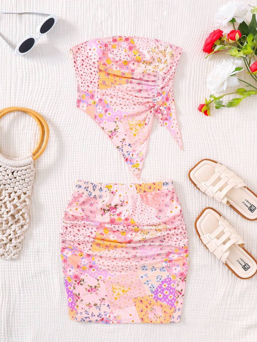 Tween Girl Knit Mesh Patchwork Floral Tube Top With Drawstring, Slim ...