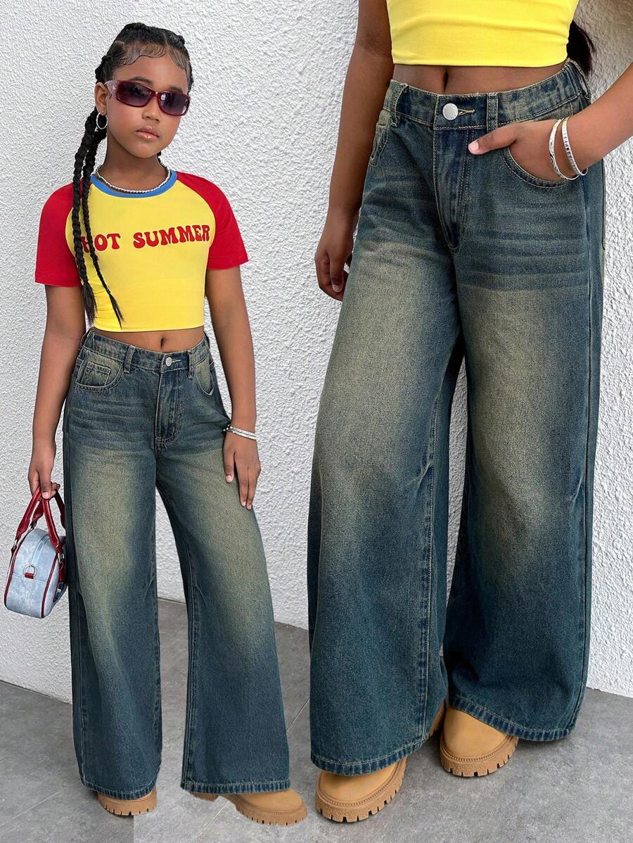 Tween Girls' Y2k Urban Street Cool Distressed Vintage Wash Baggy Wide ...