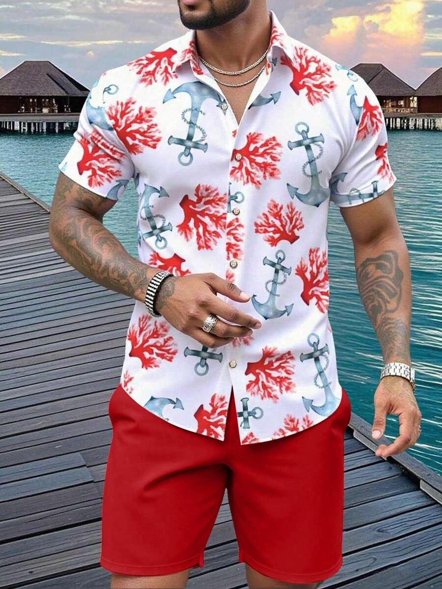 Manfinity RSRT 2pcs Men's Anchor & Coral Casual Leisure Vacation Short ...