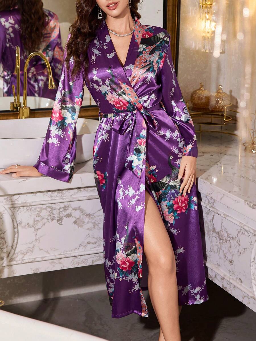 LuxeNights 1pc Women's Robe, Long Purple Robe, Elegant Floral Printed ...