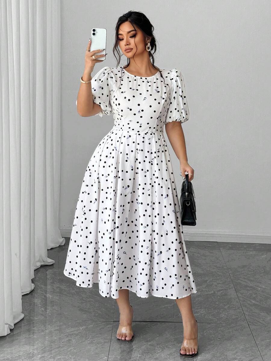 Elenzga Plus Size Waist Cinching Puff Sleeve Ditsy Floral Dress ...