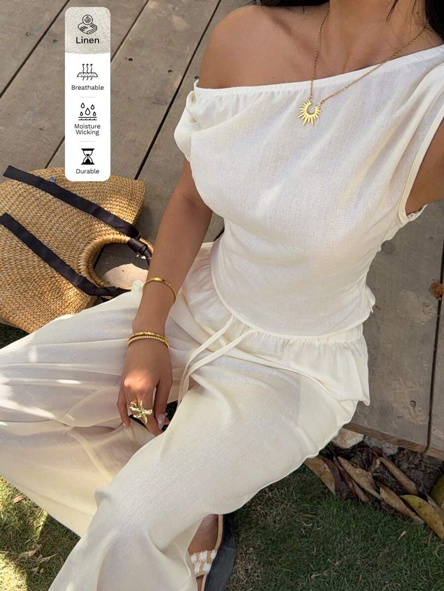 SHEIN EZwear Women's Linen Asymmetric Top And Wide Leg Long Pants Set ...