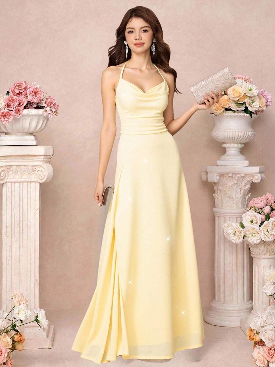 Pitira Pitira Teen Girls' Elegant Ruched Draped Neck Slit Maxi Slip ...