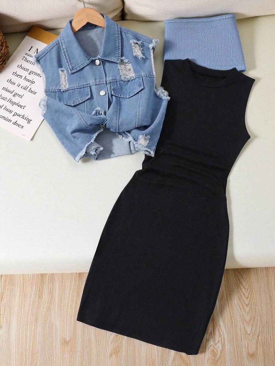 2pcs Outfit For Tween Girls Black Knit Tank Dress With Frilled Edges ...