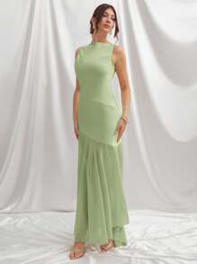 L'Amorae Elegant Butter Yellow Satin Chiffon Low Back Asymmetric Seam ...