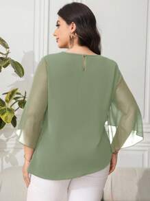 Reflora Plus Size Women Solid Color Round Neck Mesh Flared Sleeve ...