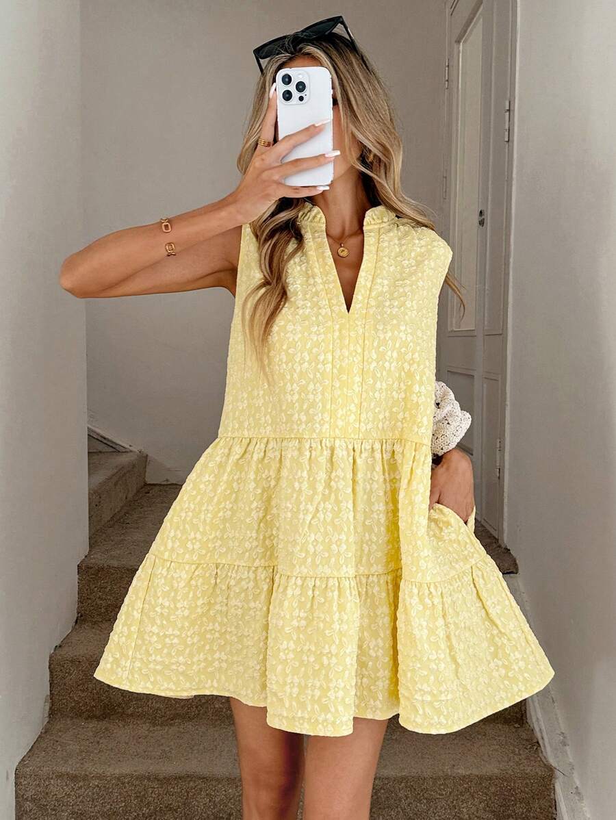Easowa Butter Yellow Women's Elegant Jacquard Mini Dress, Summer Yellow ...