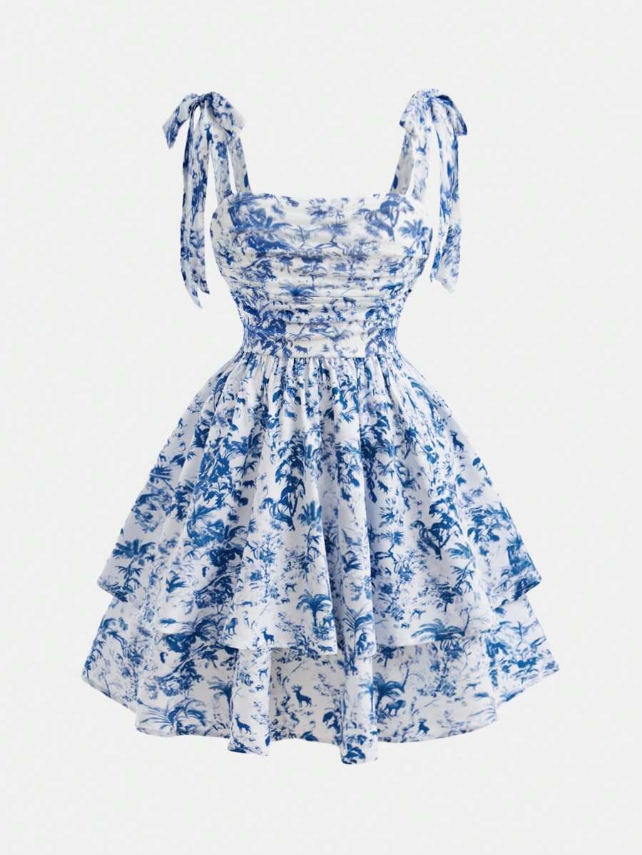 SHEIN Girlism Tween Girl Blue Spaghetti Strap Bow Cute & Elegant Ruched ...
