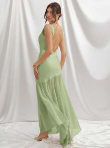 L'Amorae Elegant Butter Yellow Satin Chiffon Low Back Asymmetric Seam ...