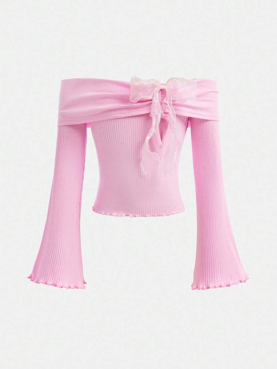 Tween Girl Rib-Knit Pink 3D Butterfly Off Shoulder Flare Sleeve Top ...