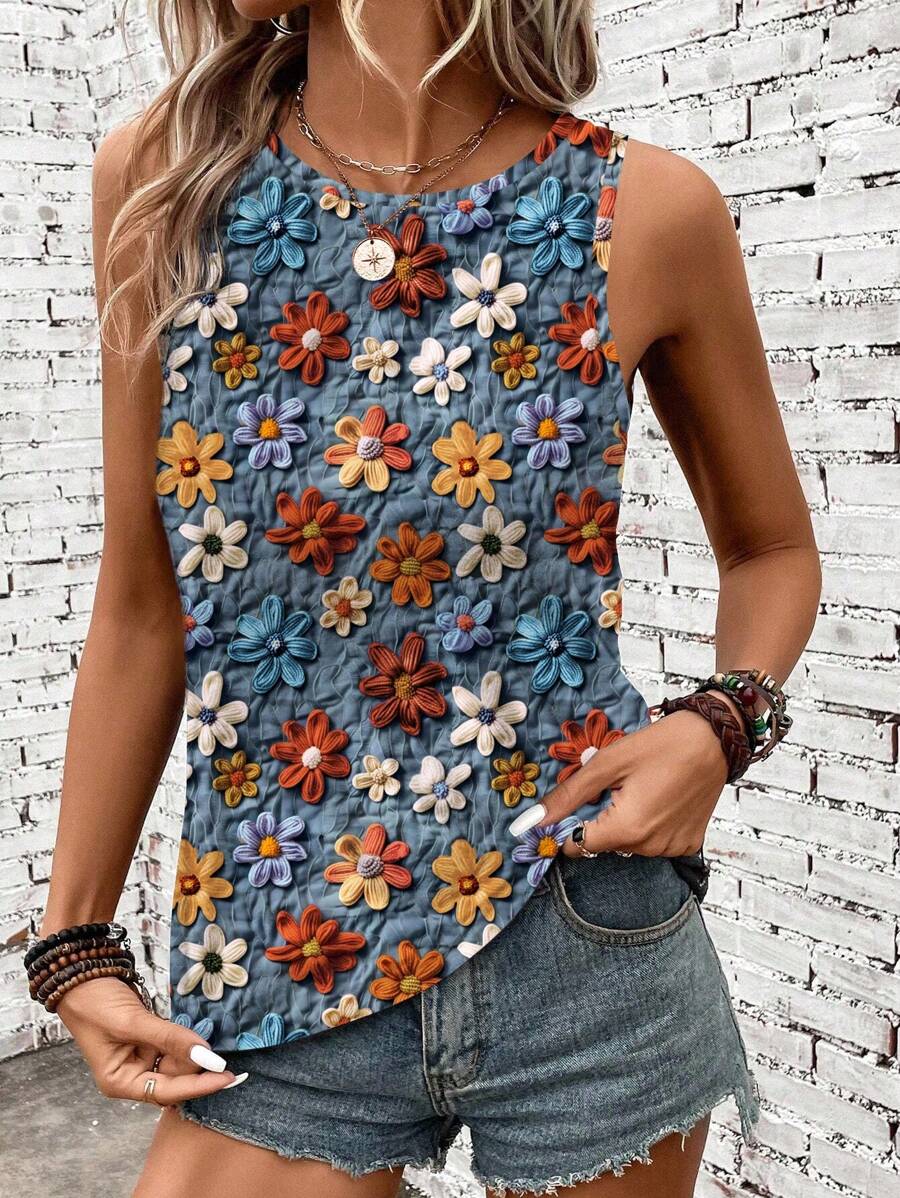 EMERY ROSE Casual Simple Floral Pattern Women's Tank Top, Suitable For ...
