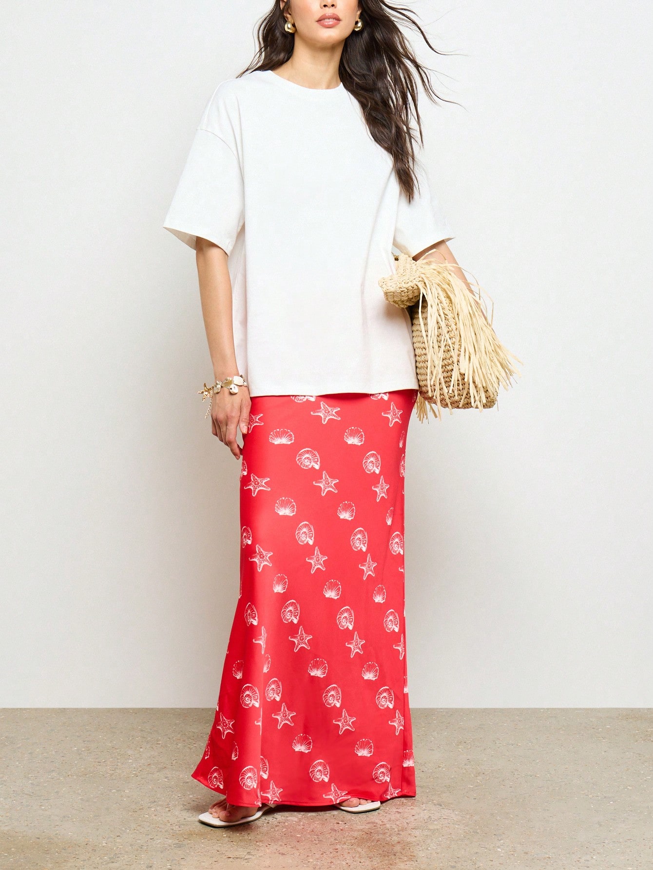 AiiRZ Ocean Shell Print Satin Maxi Skirt Beach Resort Vacation Evening ...