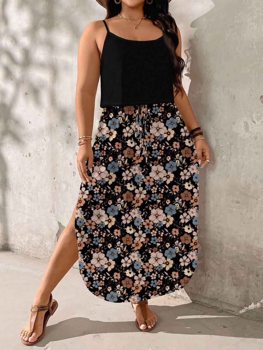 EMERY ROSE Plus Size Vacation Textured Floral Print Dress, Suitable For Summer Boho Suitable For ...