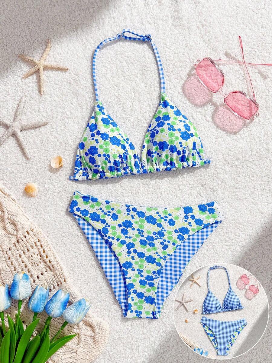 Tween Girl Floral And Plaid Print Halter Bikini Set Floral Bikini Set 2 ...