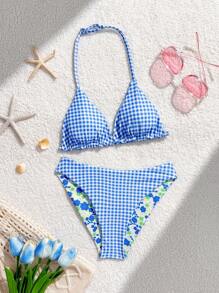 Tween Girl Floral And Plaid Print Halter Bikini Set Floral Bikini Set 2 ...