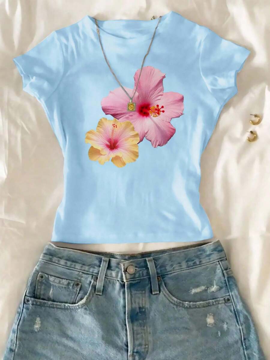 SHEIN Tween Girl Casual Floral Print T-Shirt For Summer Flower Top Teen ...