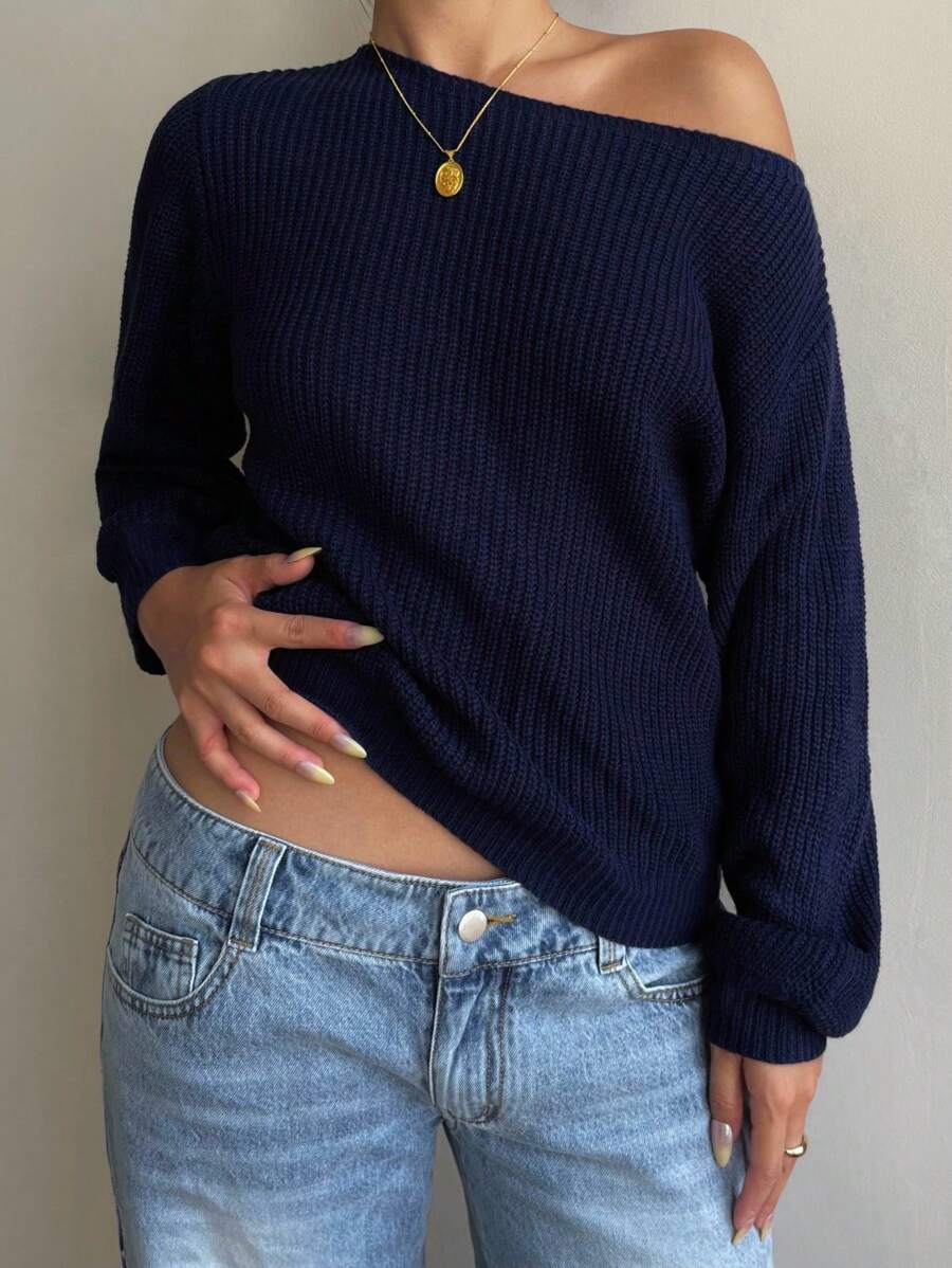 SHEIN Teen Girls Navy Blue Loose Asymmetrical Shoulder Puff Sleeve ...