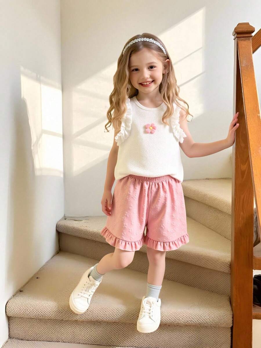 SHEIN Vintaside Kids 2pcs/Set Young Girl's Jacquard Knitted Ruffle Trim ...