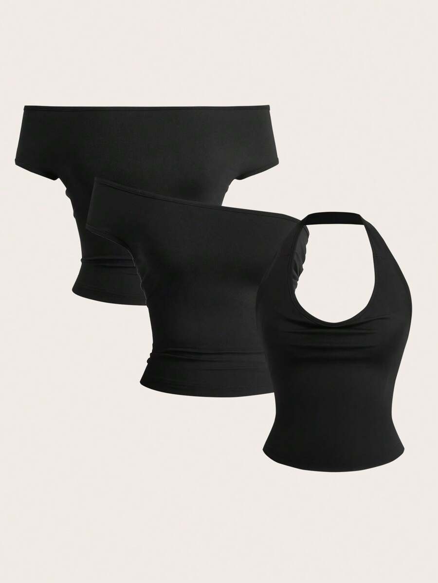 SHEIN EZwear 1pc Women's Black Form-Fitting Crop Tops, 3 Ways To Wear ...
