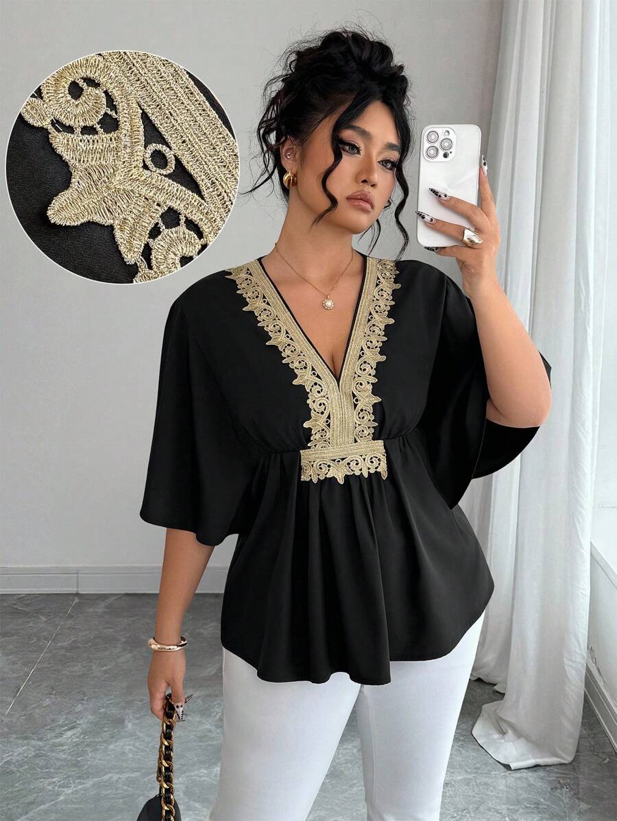 Elenzga Plus Size Women Elegant Elegant Holiday Style Lace Splice V-Neck Batwing Sleeve Peplum ...