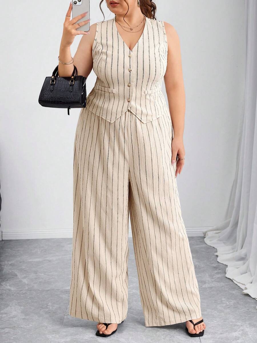 SHEIN CURVE+ Plus Size French Striped Tank Top And Pants Suit Set ...