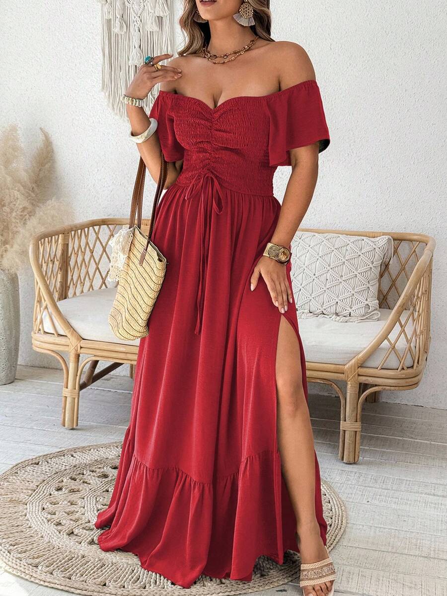SHEIN Clasi Plus Size Women Elegant Off Shoulder Ruffle Drawstring A ...