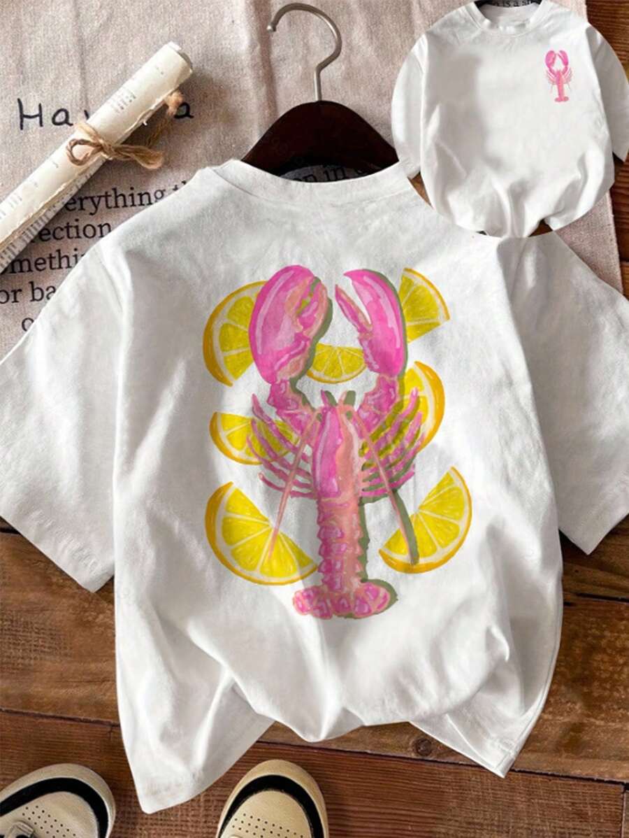 Camiseta casual de manga corta, cuello redondo, con estampado de langosta para mujer | Moda de ...
