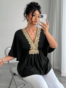 Elenzga Plus Size Women Elegant Elegant Holiday Style Lace Splice V-Neck Batwing Sleeve Peplum ...