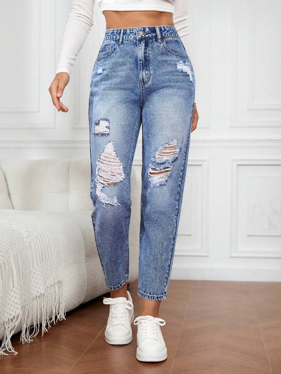SHEIN Essnce Ripped Mom Fit Jeans | SHEIN USA