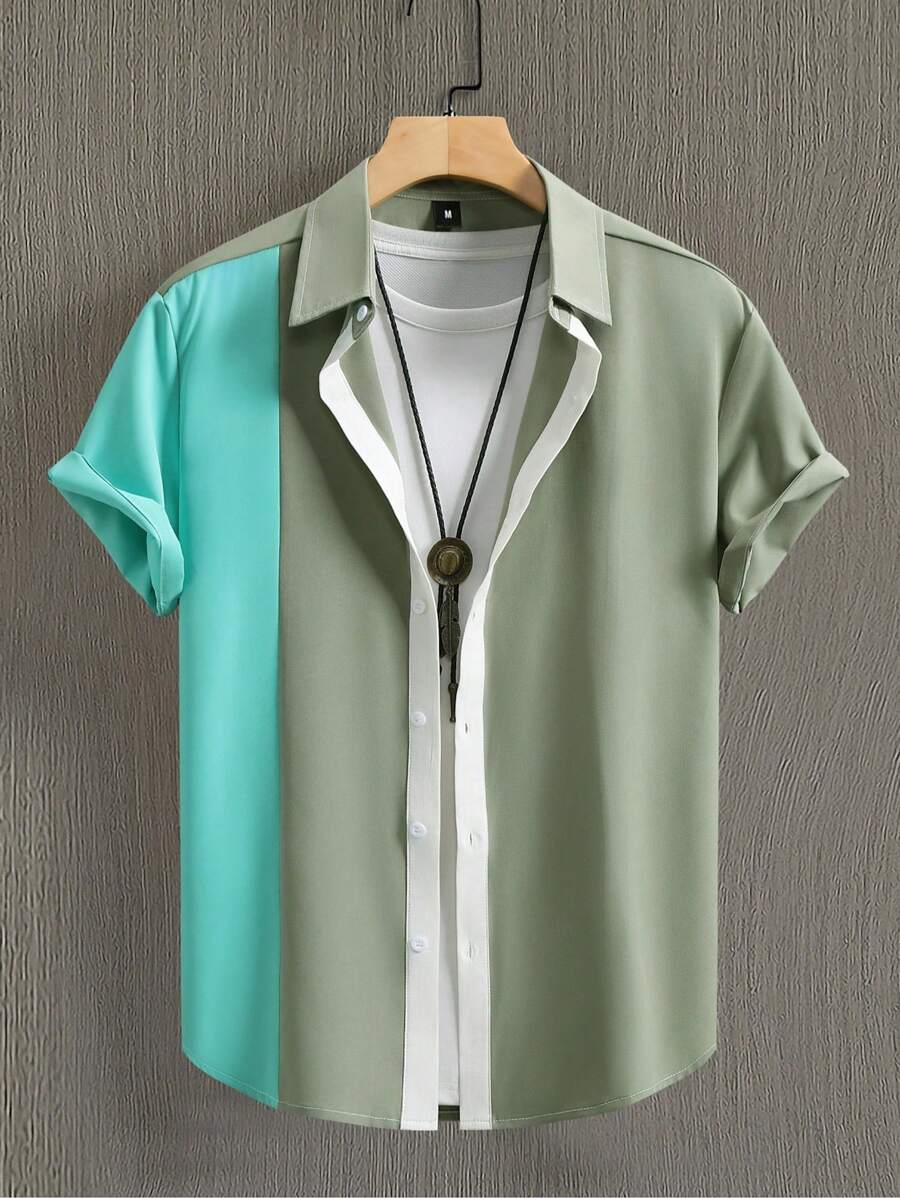 Manfinity RSRT Men's Casual Short Sleeve Contrast Color Single-Breasted ...