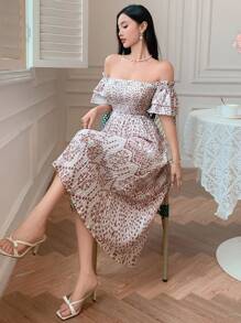 DAZY Off Shoulder Blue & White Porcelain Floral Midi Dress For Women ...