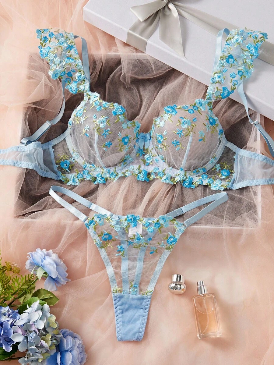 SHEIN 2pcs/Set Women Mesh Embroidered Underwire Bra Set for Sale ...