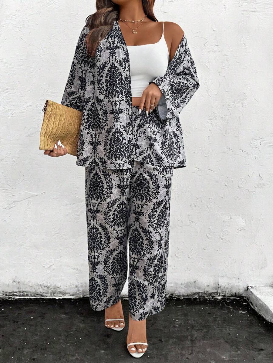 SHEIN LUNE 2pcs Plus Size Women Geometric Print Casual Long Sleeve ...