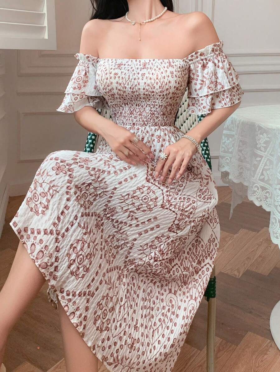 DAZY Off Shoulder Blue & White Porcelain Floral Midi Dress For Women ...