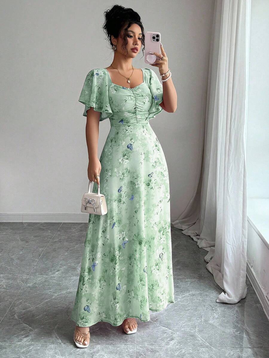 Modelyn Women's Chiffon Butterfly & Bat Wing Sleeve Ruched Cute French ...