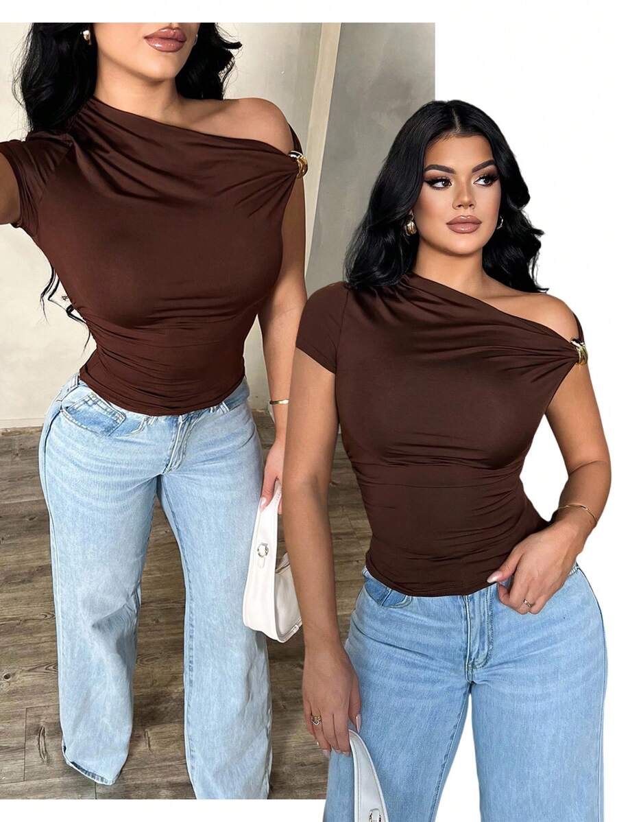 SHEIN SXY Plus Size Women's Basic Solid Casual Asymmetric Shoulder ...