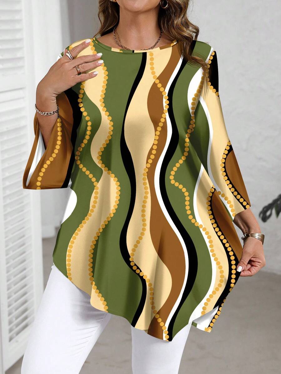 EMERY ROSE Plus Size Color Block Dot & Stripe Abstract Print Casual ...