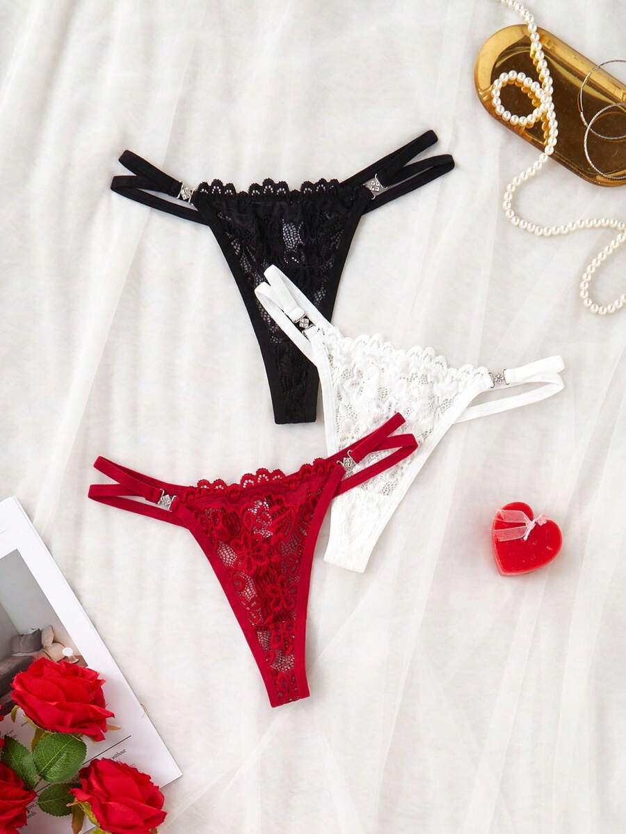 SHEIN 3-Pack Solid Color Sheer Lace Sexy Thong Panties For Women French Lace | SHEIN USA