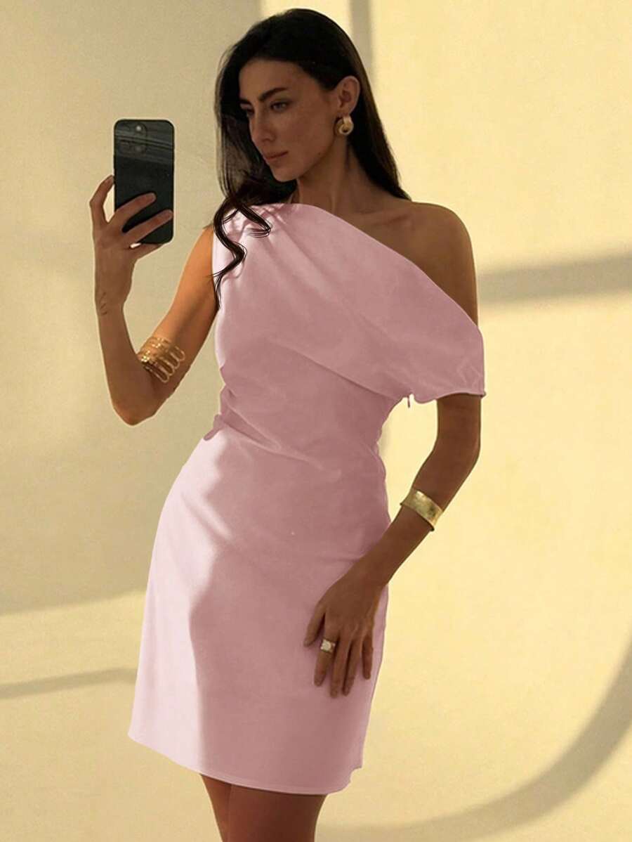 Aloruh Elegant Asymmetrical Shoulder Slimming Solid Color Mini Dress ...