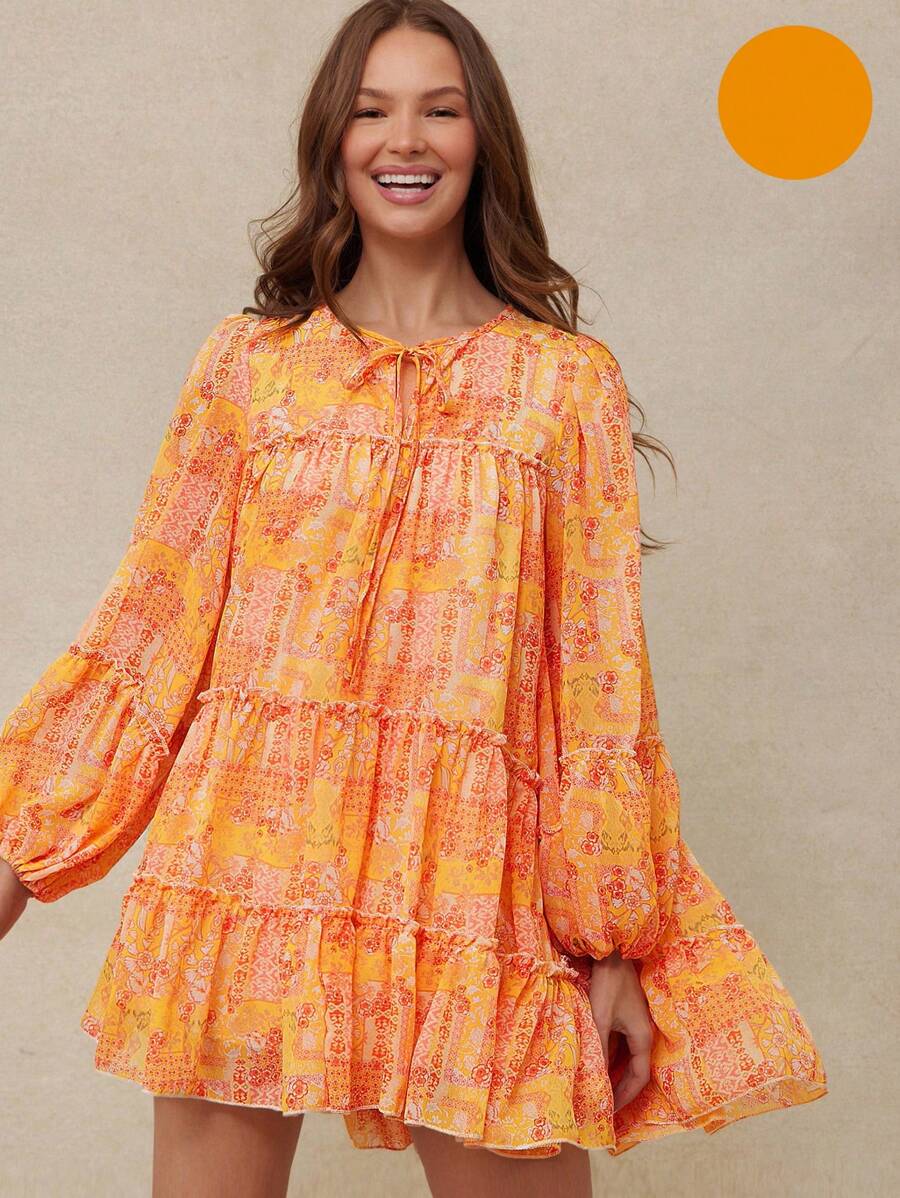 WESTFADE Vestido de mini largo con mangas largas de volantes con cuello ...