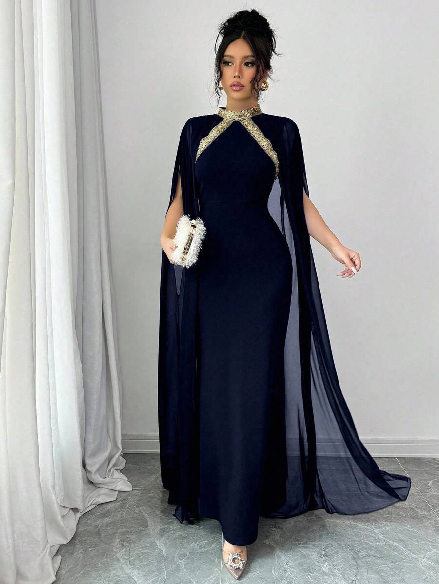 Elenzga Color Block Decor Stand Collar Elegant Batwing Sleeve Mermaid Hem Fashion Dress ...