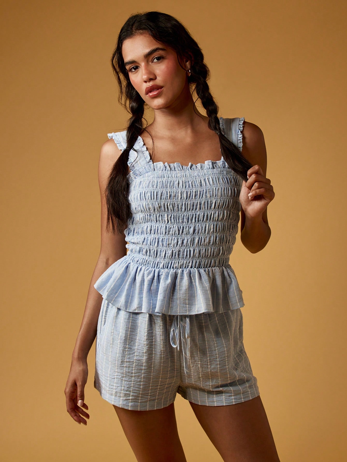 Linen Look Shirred Pleated Wide Leg Two Piece Set With Elastic Top ...