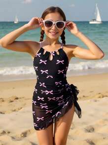Tween Girls Butterfly Print One-Piece Swimsuit With Mesh Combo, Stylish ...