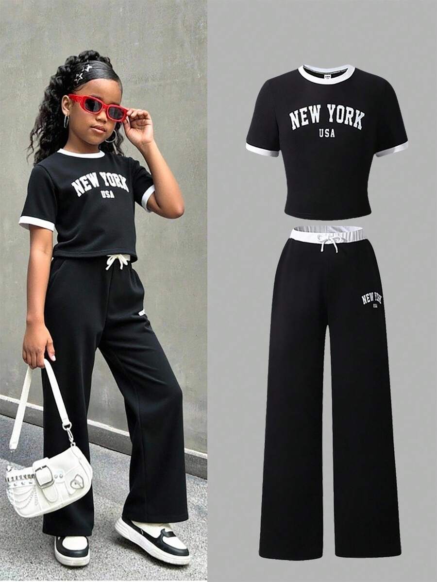2pcs/Set Tween GirlsColorblock Round Neck Top T-Shirt And Loose Sports ...
