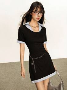 Rina Fox Y2K Stil Damen Blaues Streifen Patchwork Schwarzes Minikleid ...