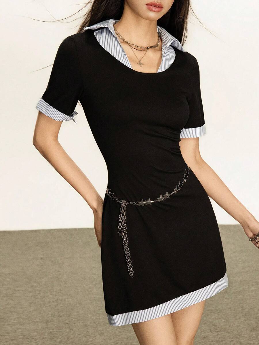 Rina Fox Y2K Stil Damen Blaues Streifen Patchwork Schwarzes Minikleid ...