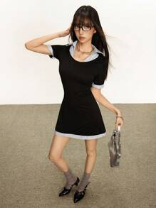 Rina Fox Y2K Stil Damen Blaues Streifen Patchwork Schwarzes Minikleid ...