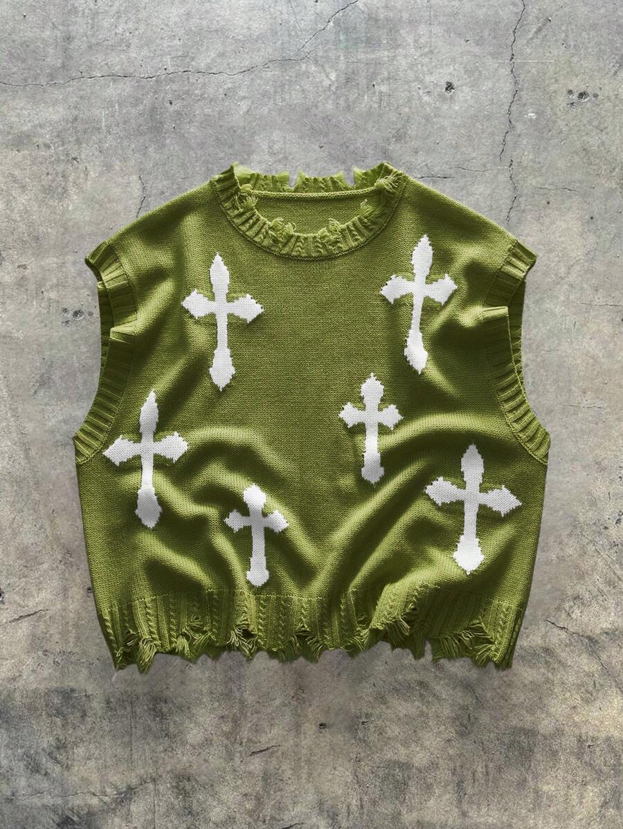 AXEPEAK Chaleco de punto con cuello redondo y flecos con estampado de ...